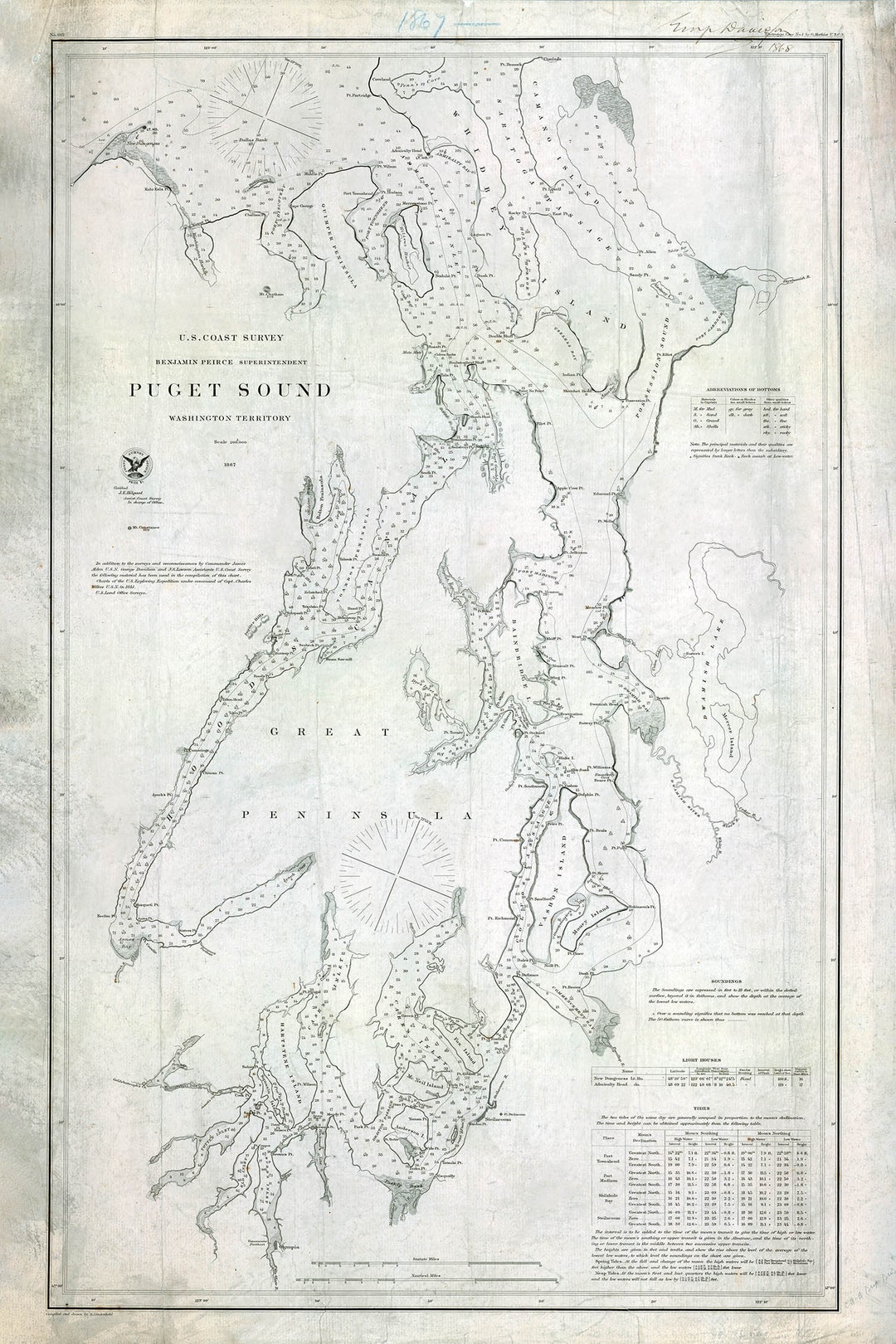 1867 Nautical Chart of Puget Sound Washington - Etsy