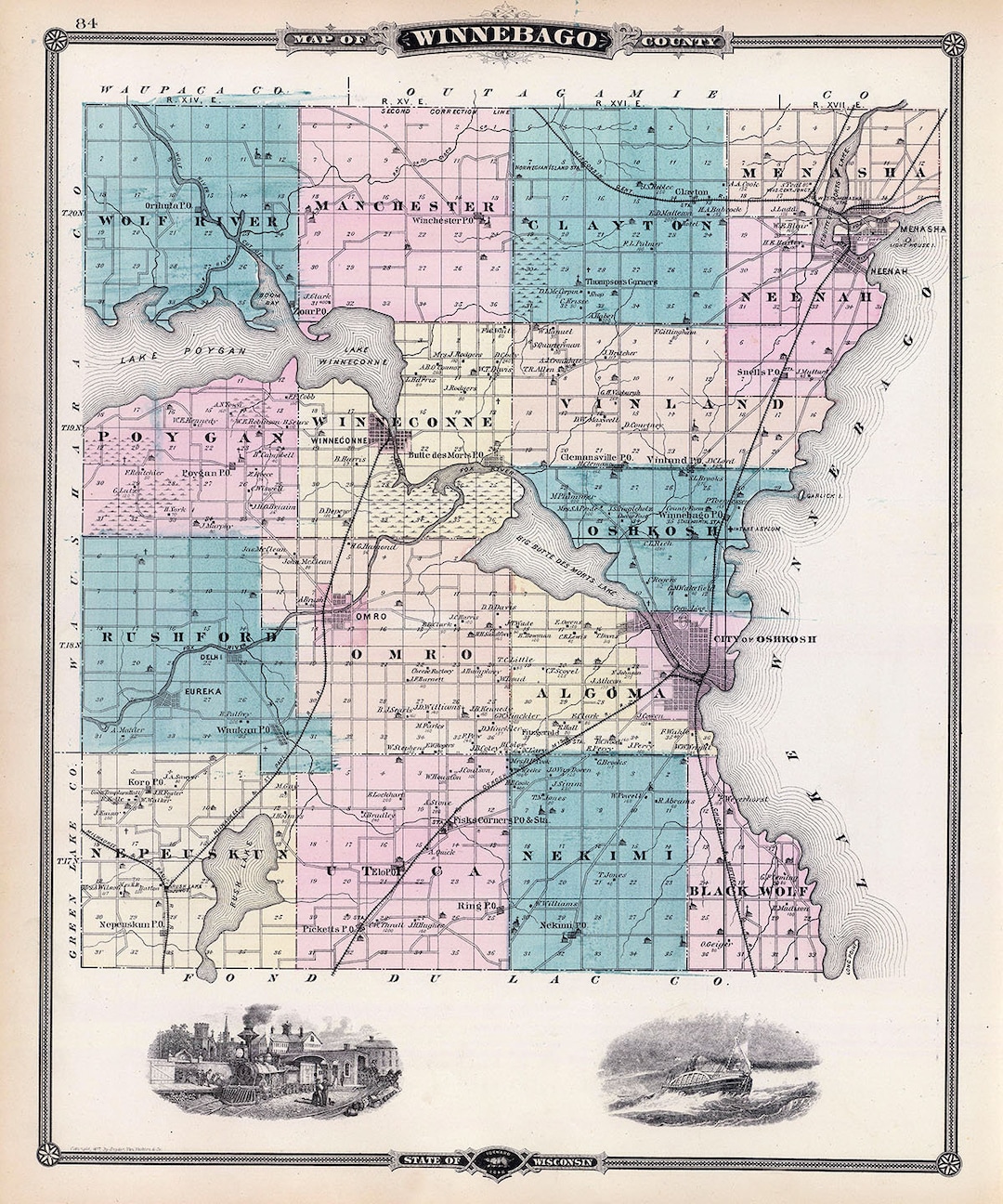 1878 Map of Winnebago County Wisconsin - Etsy