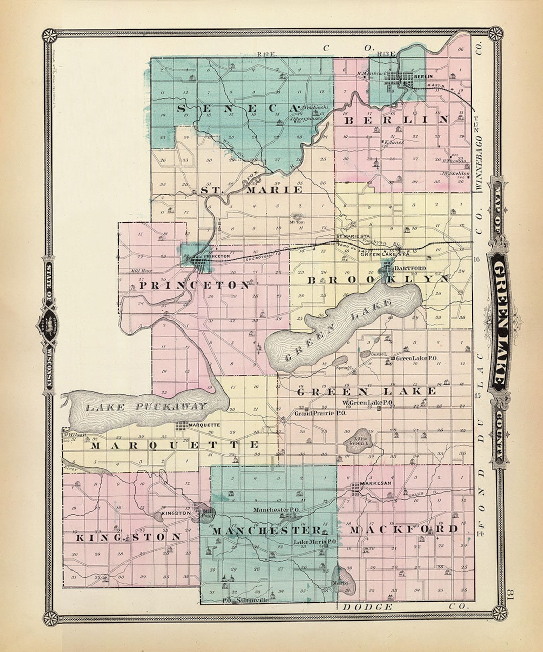 1878 Map of Green Lake County Wisconsin - Etsy