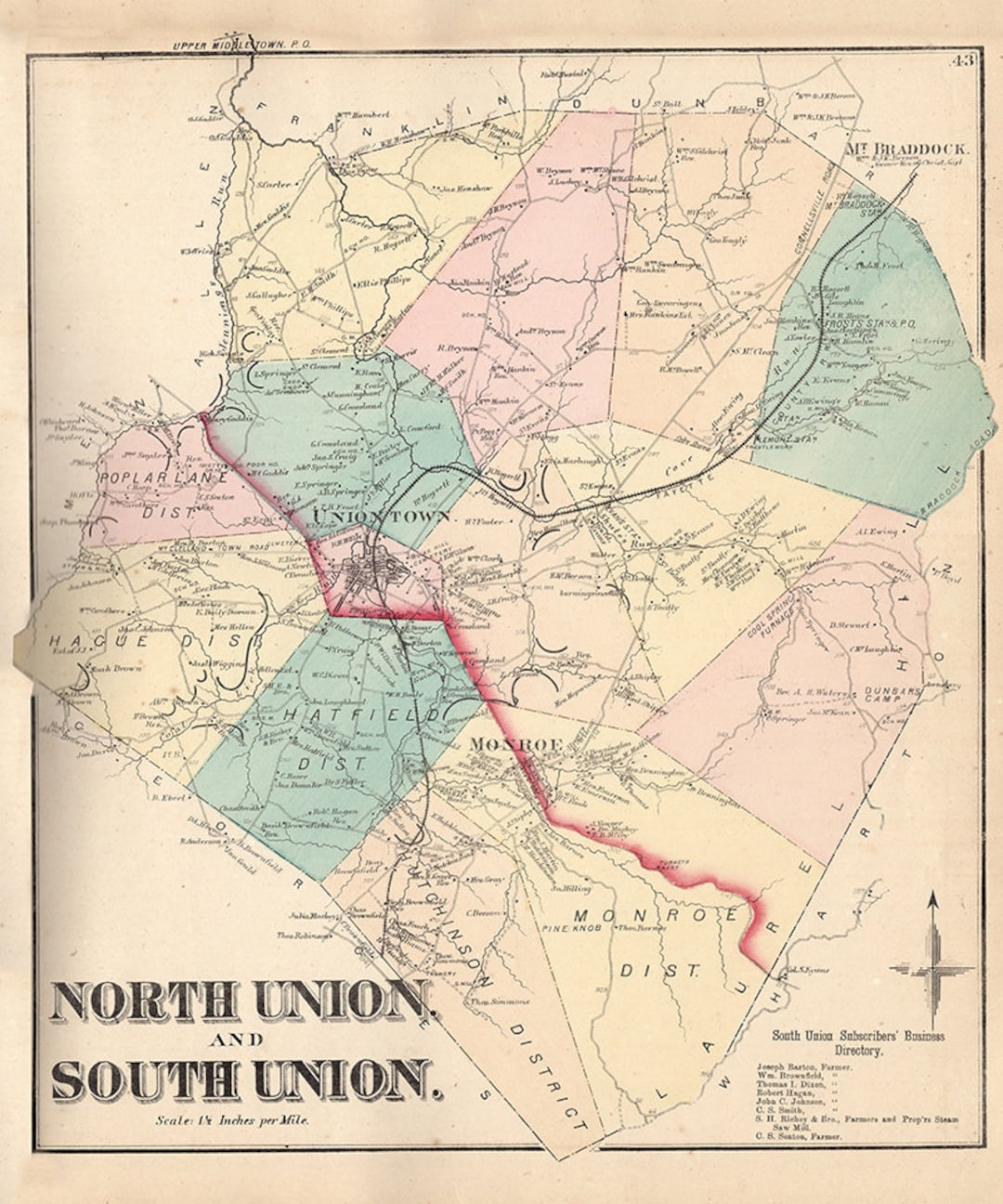 1872 Map of North and South Union Township Fayette County PA - Etsy