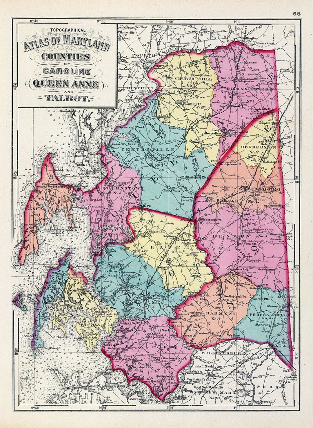1873 Map of Caroline Queen Anne Talbot County Maryland - Etsy