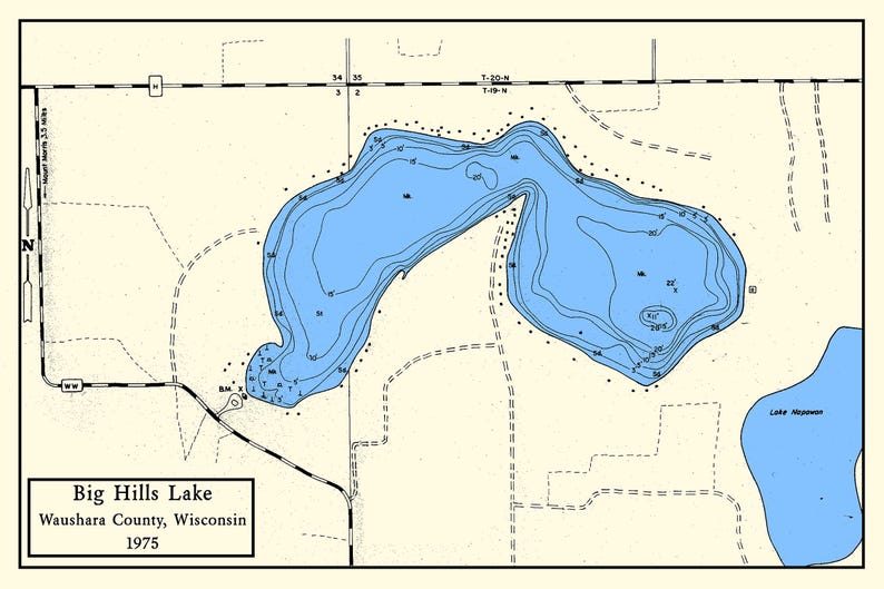 1975 Map of Big Hills Lake Waushara County Wisconsin - Etsy