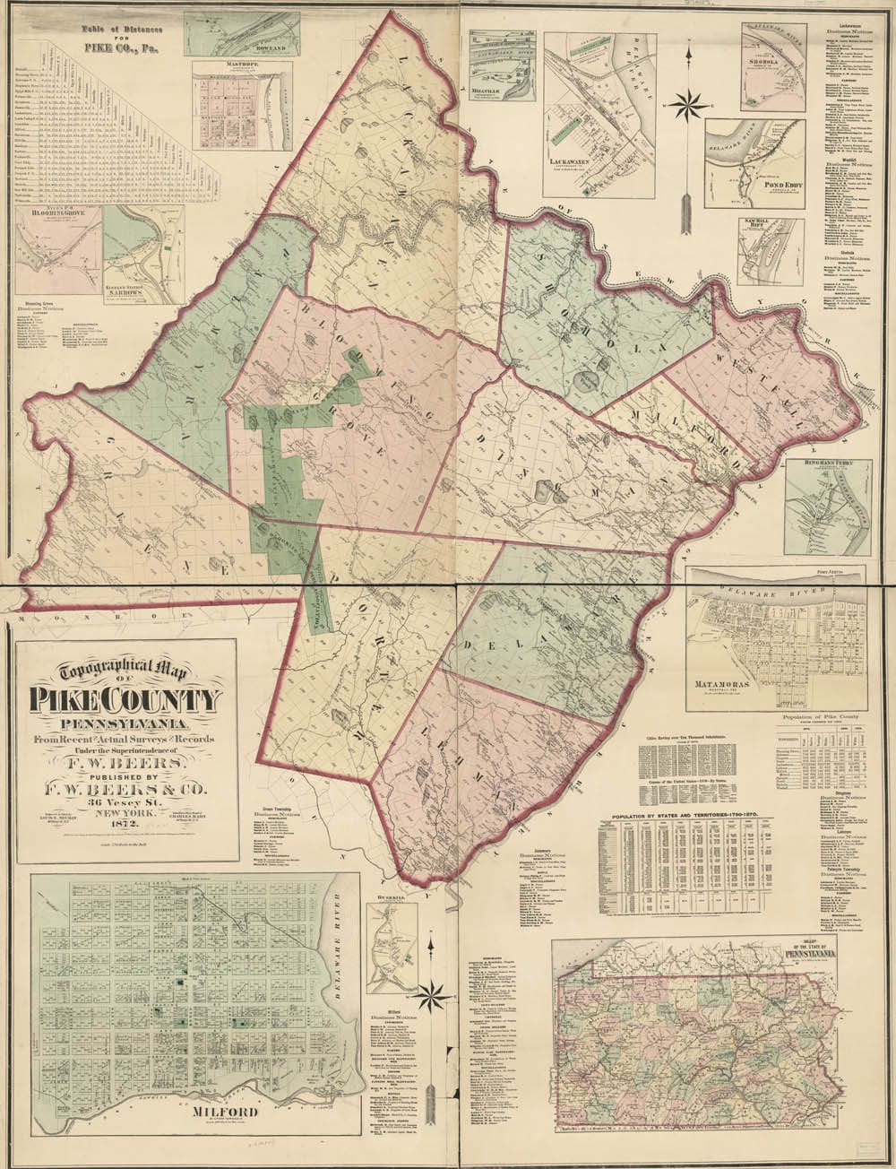 1872 Farm Line Map of Pike County PA From Actual Surveys Milford ...