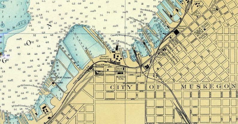 1901 Nautical Map of Muskegon Harbor & Lake Michigan - Etsy