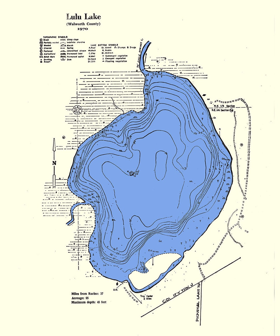 1970 Map of Lulu Lake Walworth County Wisconsin - Etsy