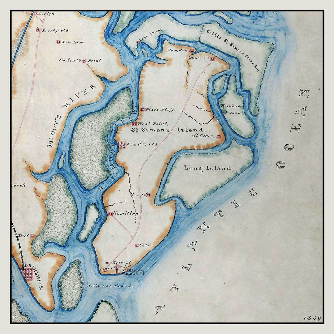 1869 Map of Saint Simons Island Glynn County Georgia - Etsy