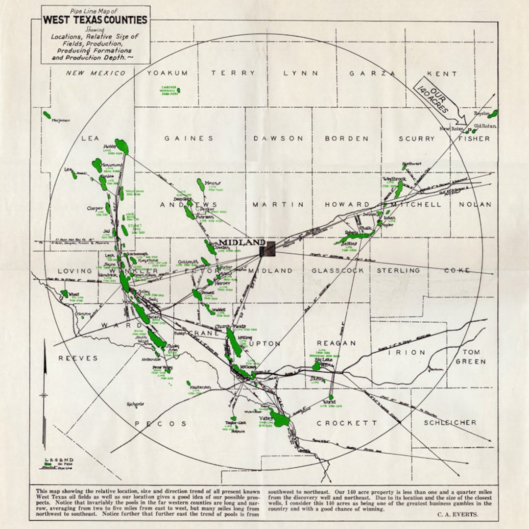1930 Pipeline Map of West Texas Counties Midland Winkler Mitchell Upton ...