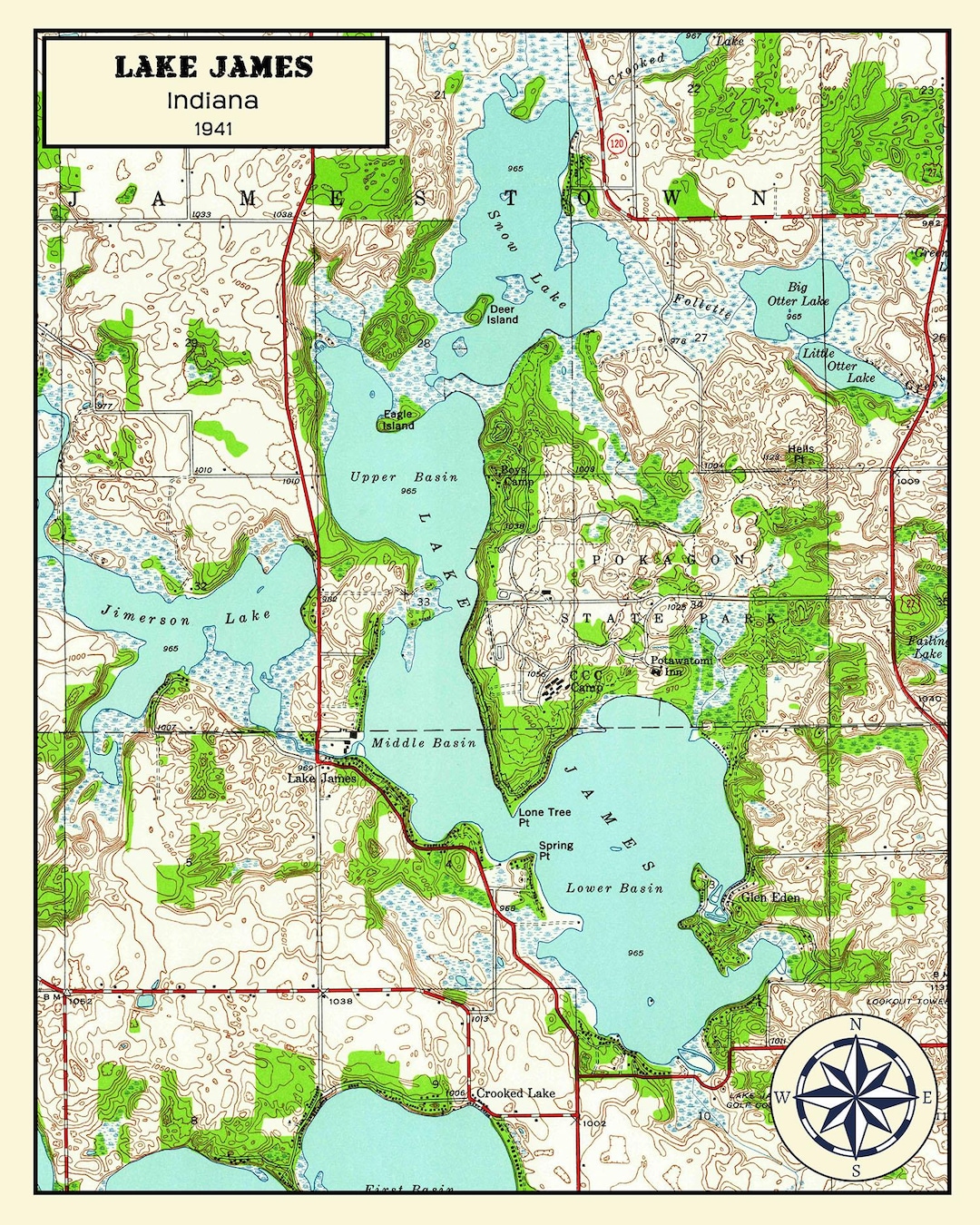 1941 Map of Lake James Indiana - Etsy UK