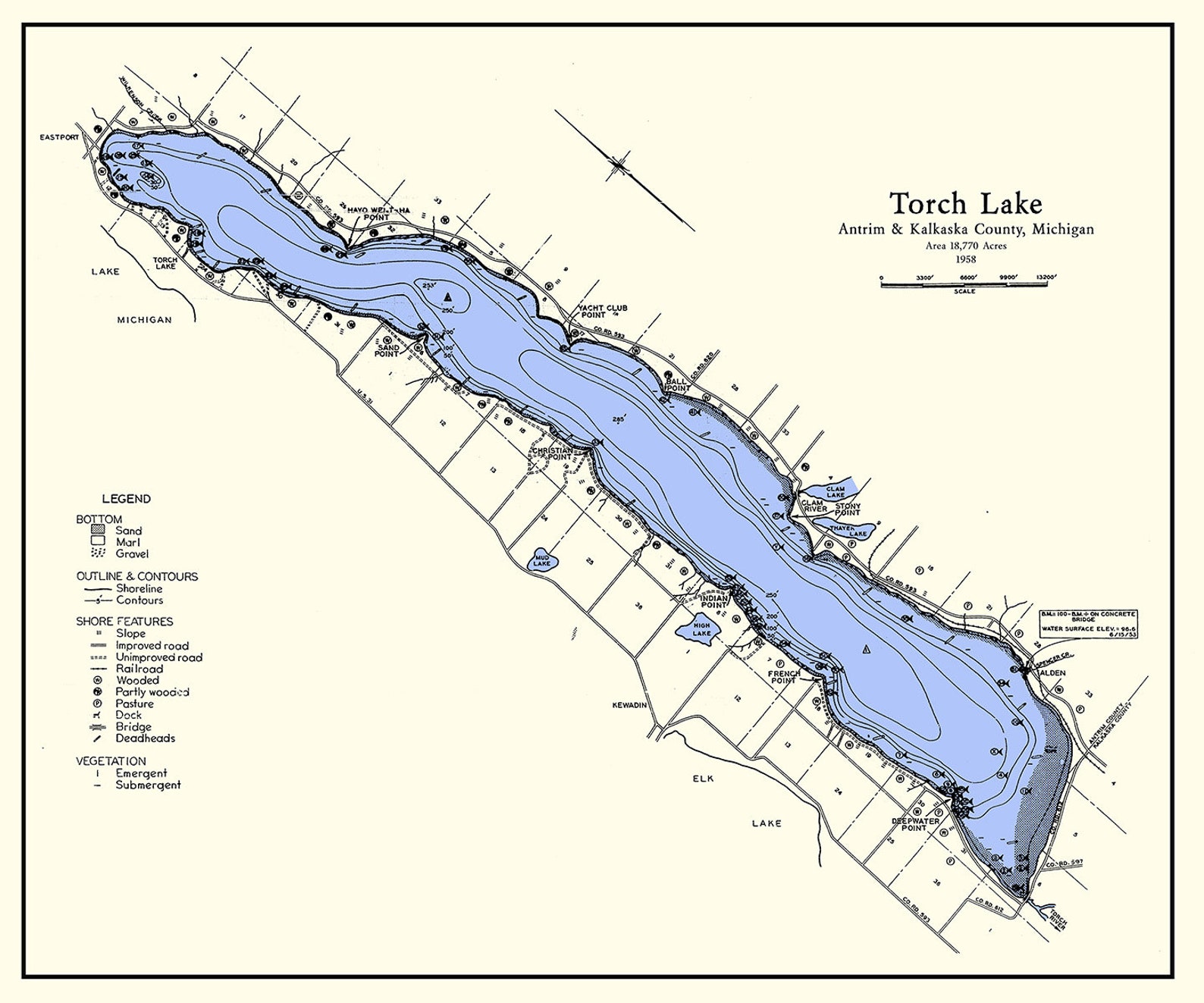 1958 Map of Torch Lake Antrim and Kalkaska County Michigan - Etsy