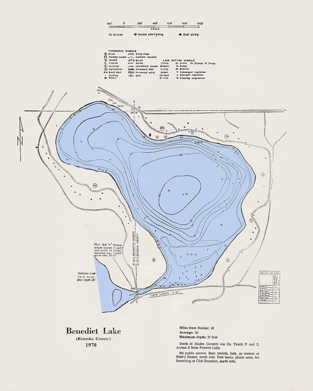 1970 Map of Benedict Lake Kenosha County Wisconsin - Etsy
