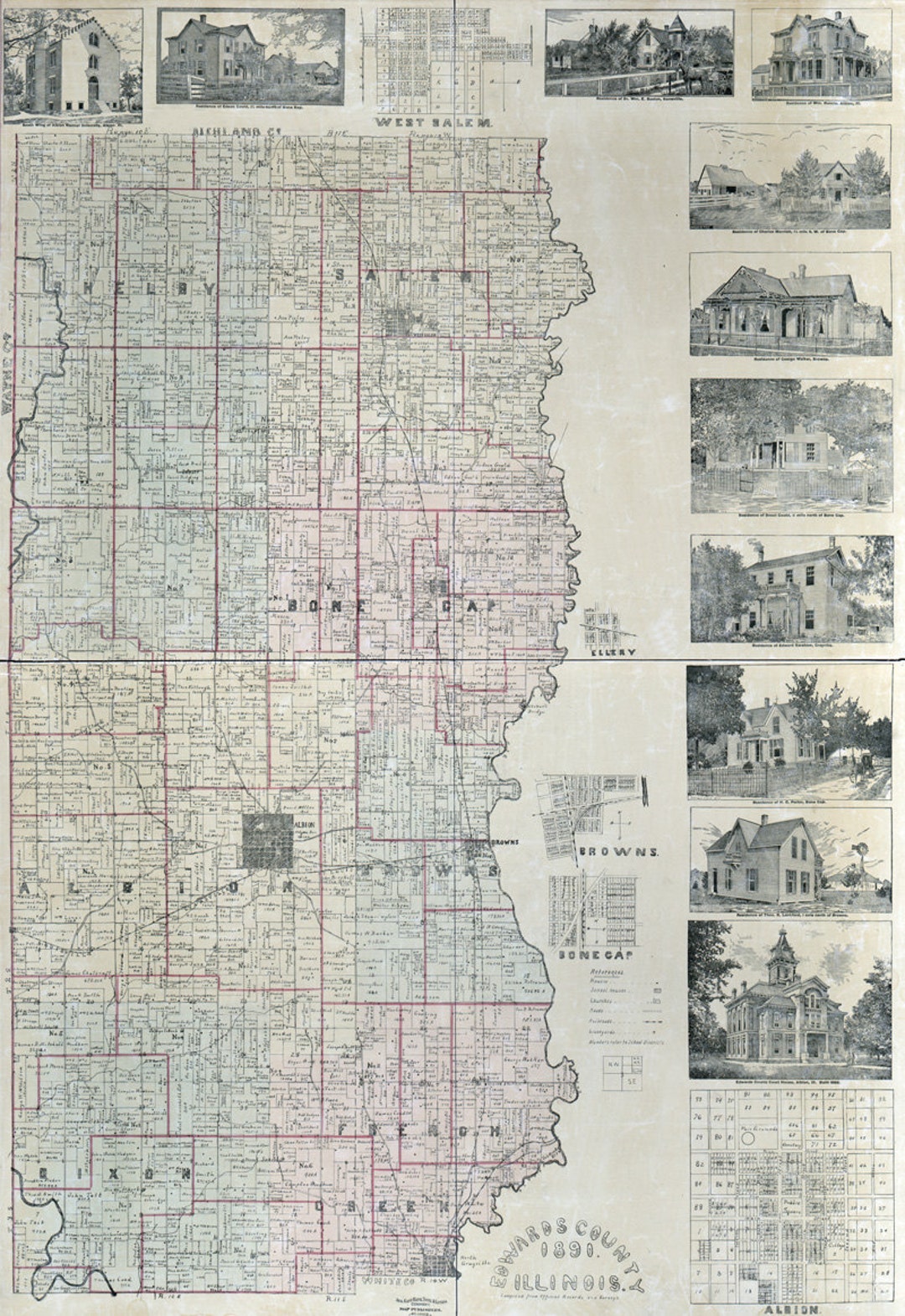 1891 Farm Line Map of Edwards County Illinois Albion - Etsy