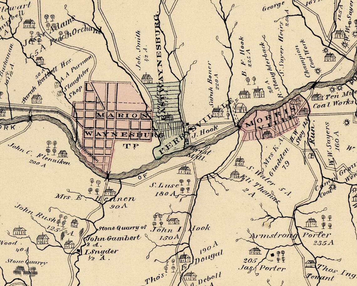 1876 Map of Franklin Township Greene County Pennsylvania Garards Fort ...