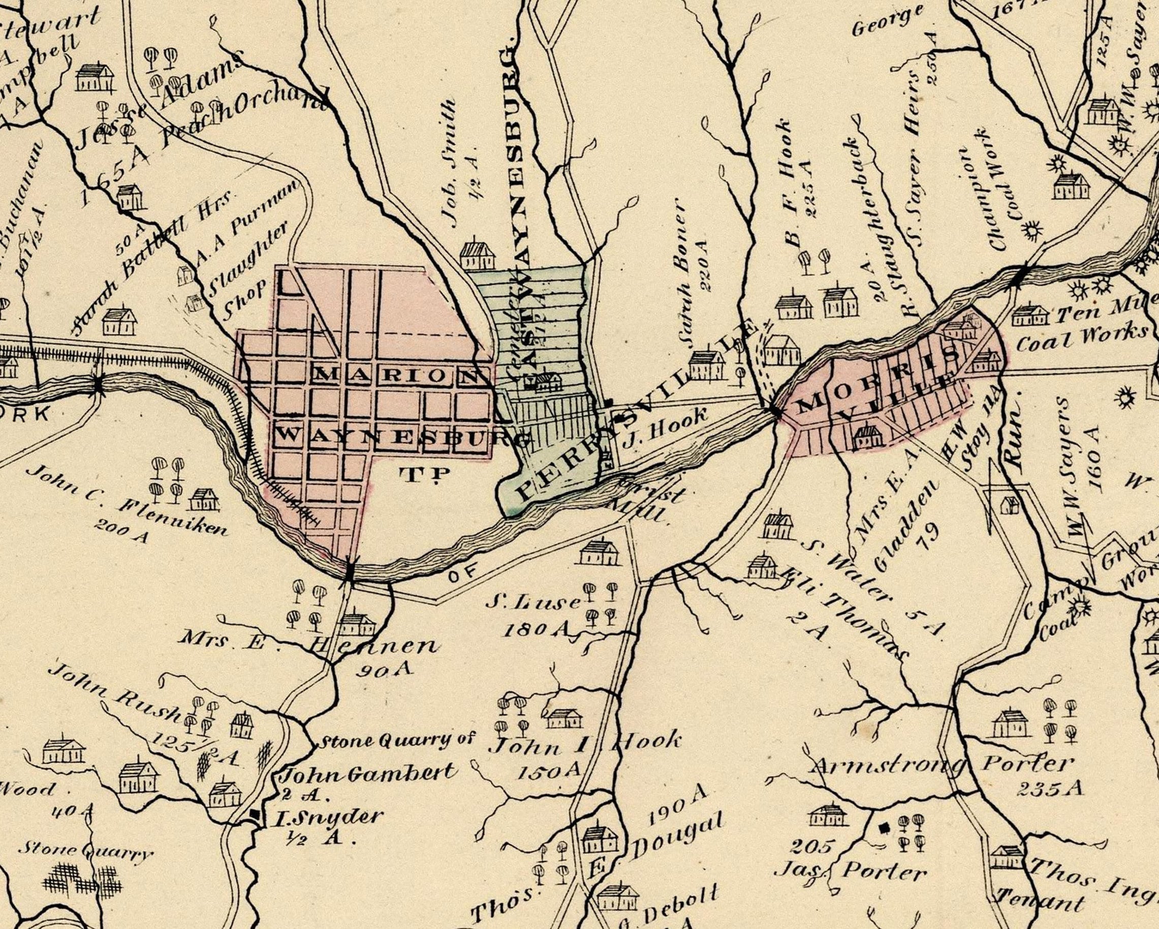 1876 Map of Franklin Township Greene County Pennsylvania Garards Fort ...