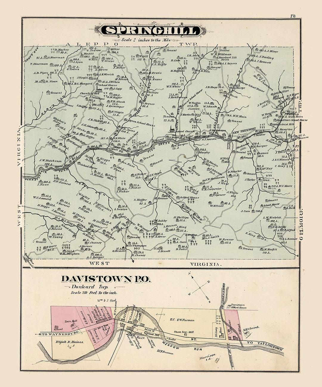 1876 Map of Springhill Township Greene County Pennsylvania - Etsy