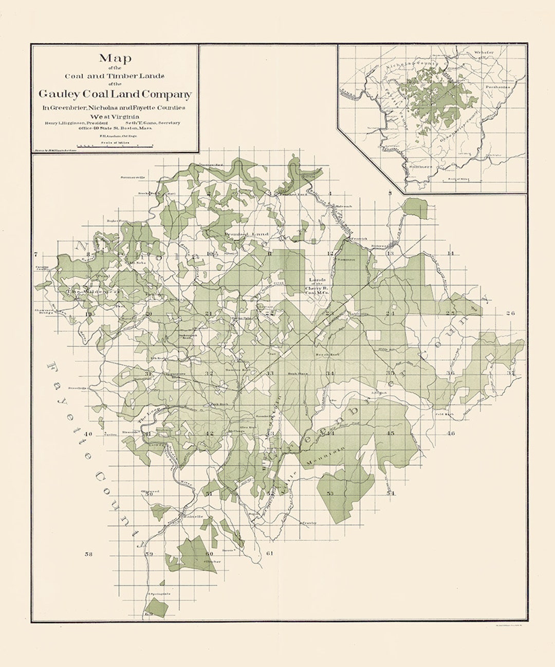 Early 1900s Map of Gauley Coal Land Company Mining Timber West Virginia ...