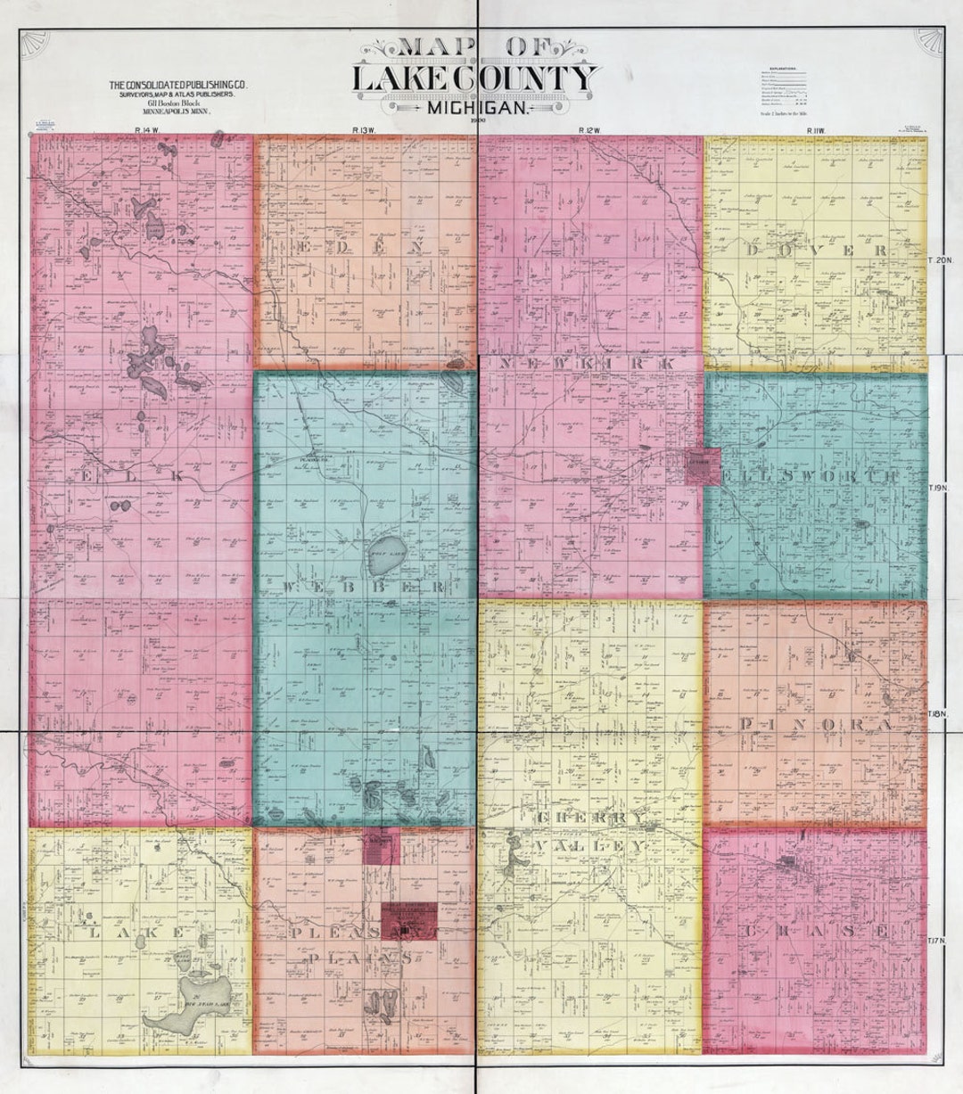 1900 Farm Line Map of Lake County Michigan Luther - Etsy