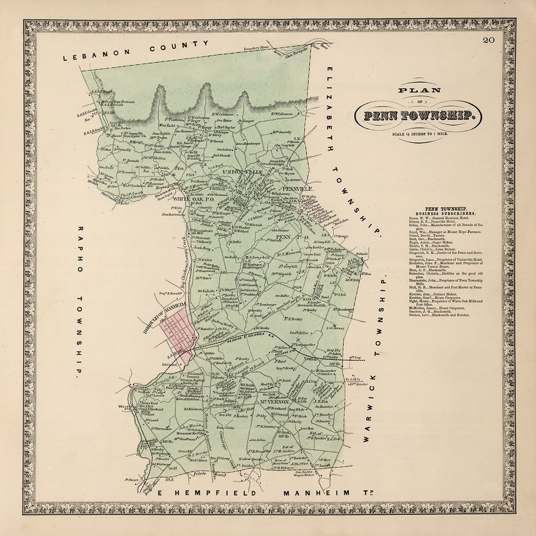 1864 Map of Penn Township Lancaster County Pennsylvania - Etsy
