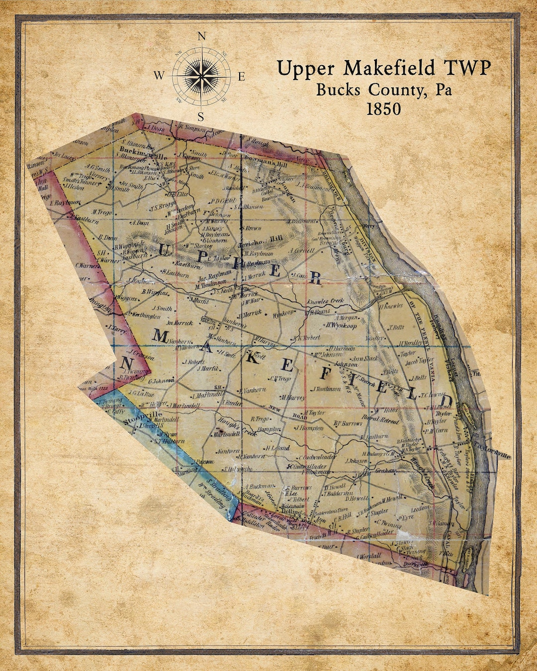 1850 Map of Upper Makefield Township Bucks County Pennsylvania - Etsy