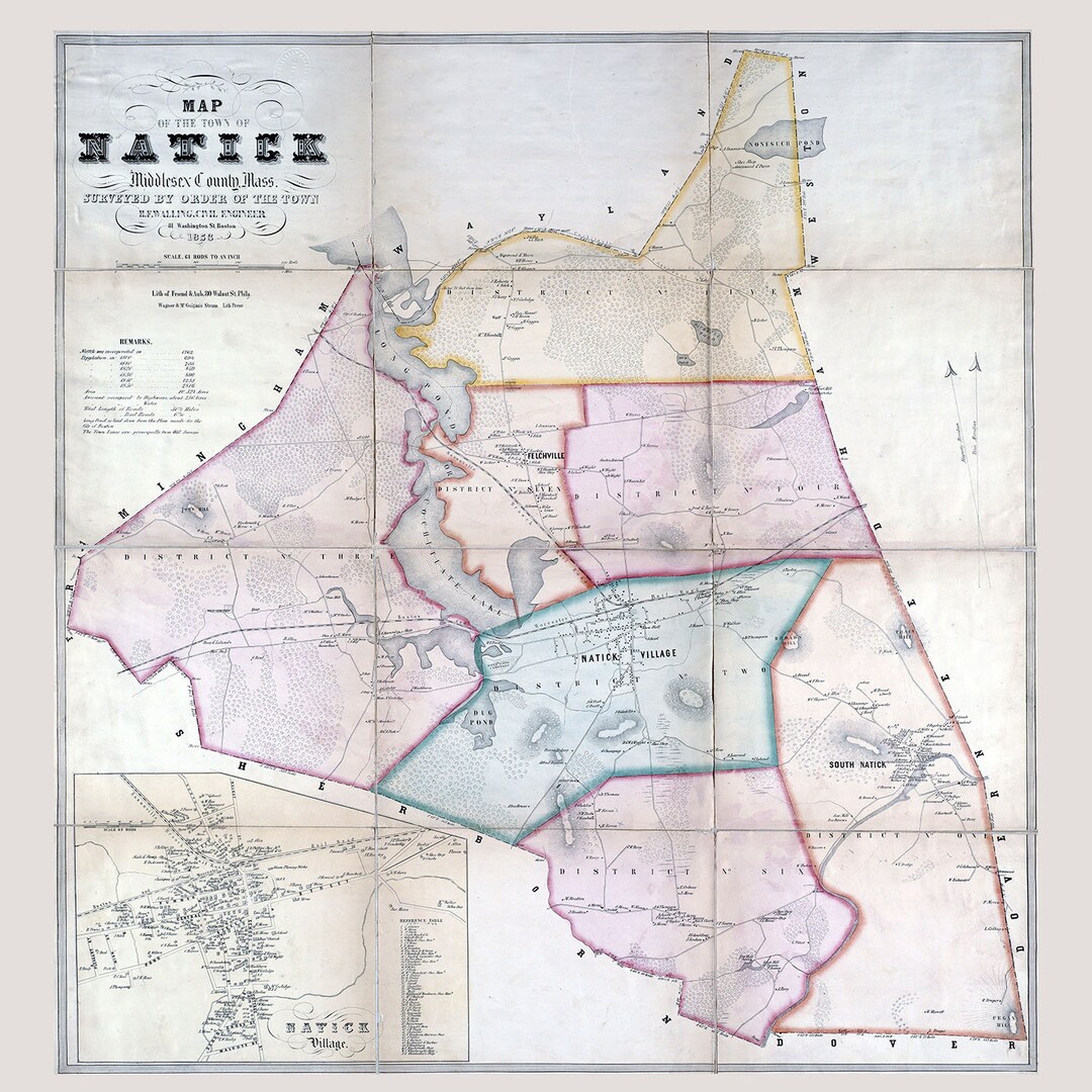 1853 Town Map of Natick Middlesex County Massachusetts - Etsy