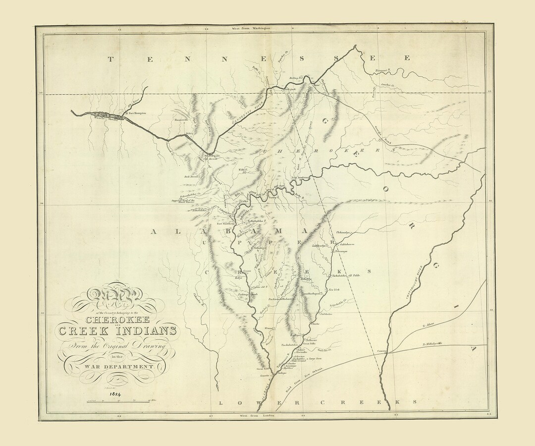 1824 Map of Cherokee and Creek Indians in Georgia and Alabama - Etsy