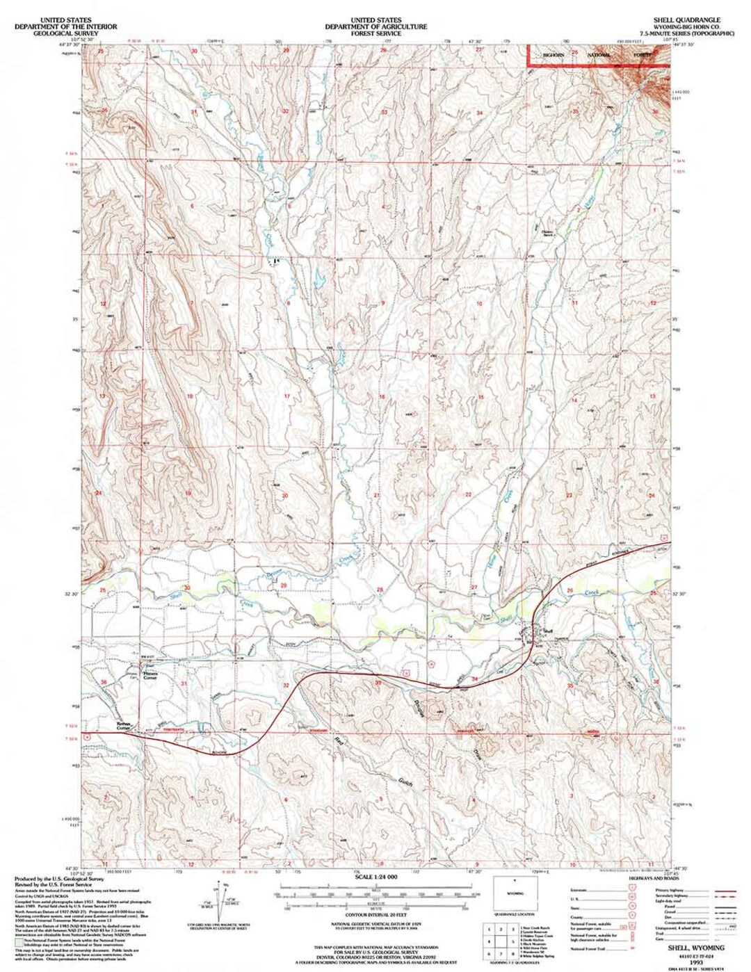 1993 Topo Map of Shell Wyoming WY Bighorn Forest - Etsy