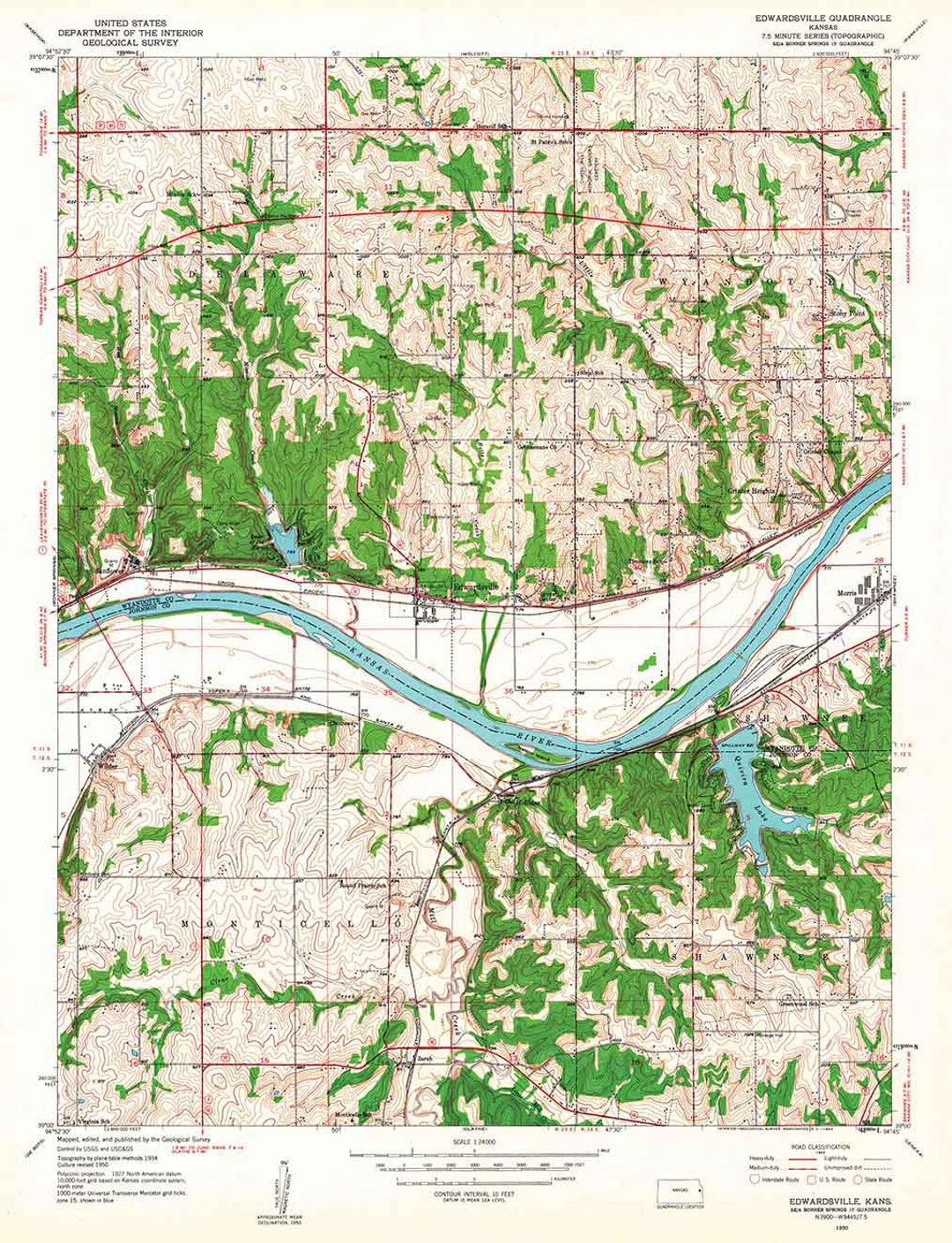 1950 Topo Map of Edwardsville Kansas Kansas River - Etsy