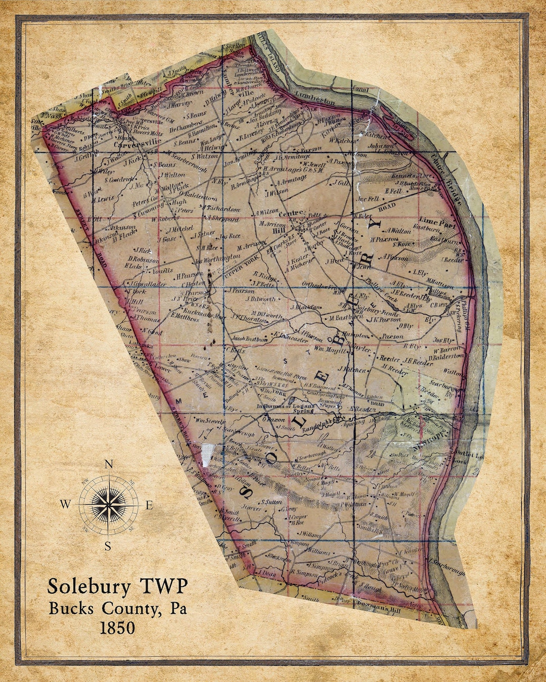 1850 Map of Solebury Township Bucks County Pennsylvania - Etsy
