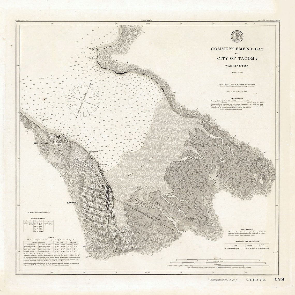 1888 Nautical Chart of Commencement Bay and City of Tacoma Washington ...