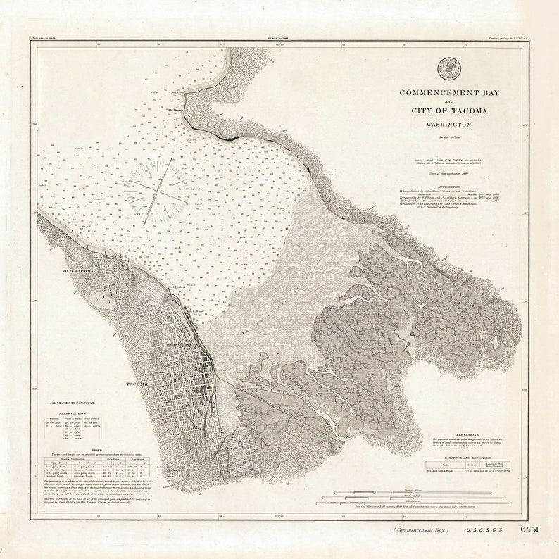 1888 Nautical Chart of Commencement Bay and City of Tacoma Washington ...