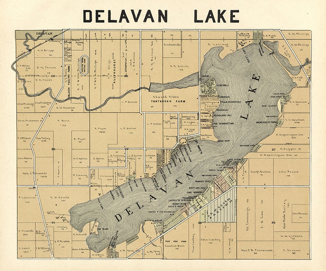 1907 Map of Delavan Lake Walworth County Wisconsin - Etsy