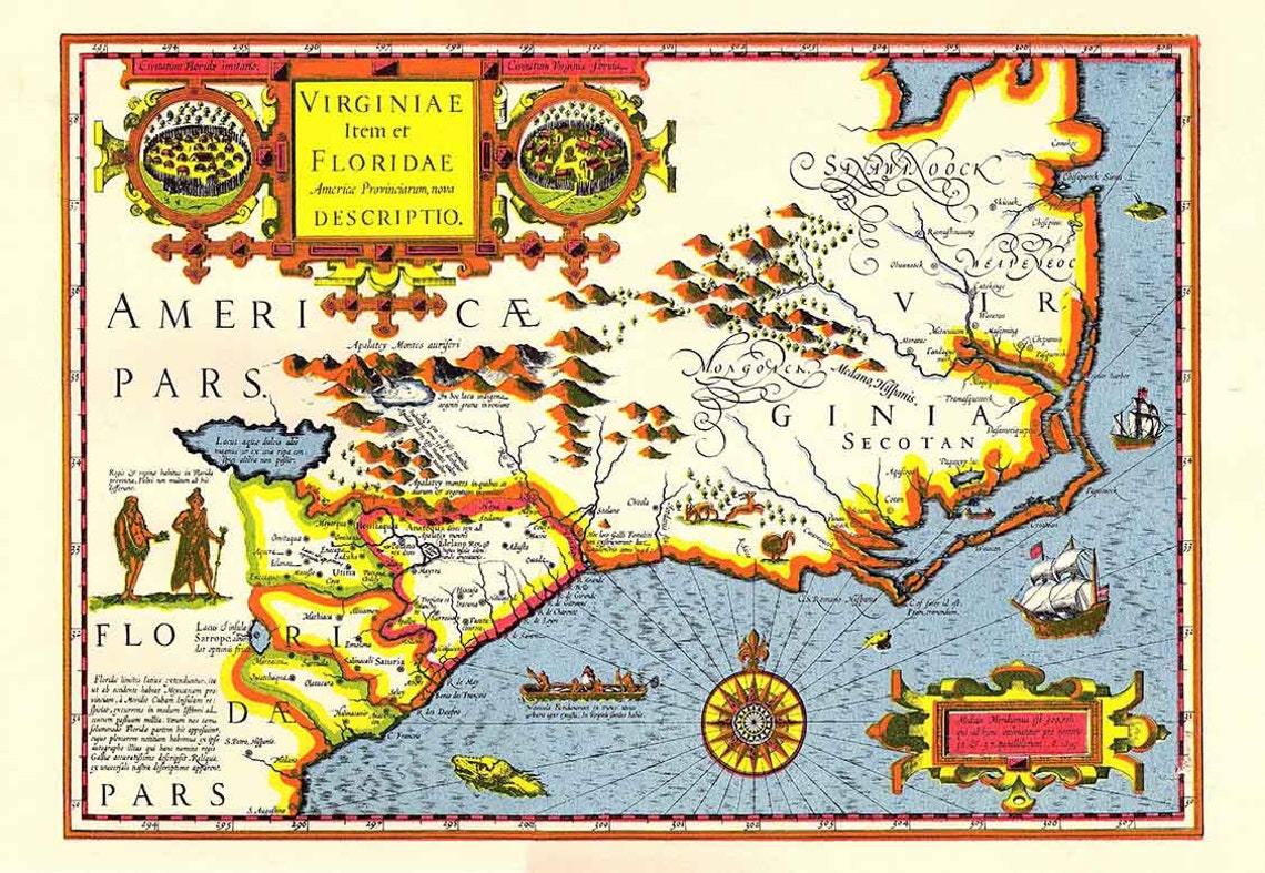 16th Century Map of Virginia Florida Eastern America | Etsy
