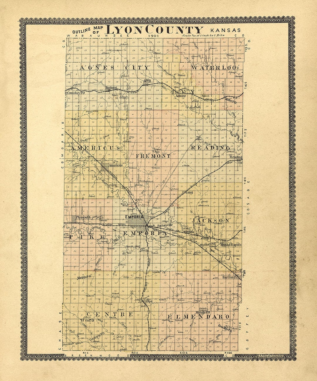 1901 Map of Lyon County Kansas - Etsy