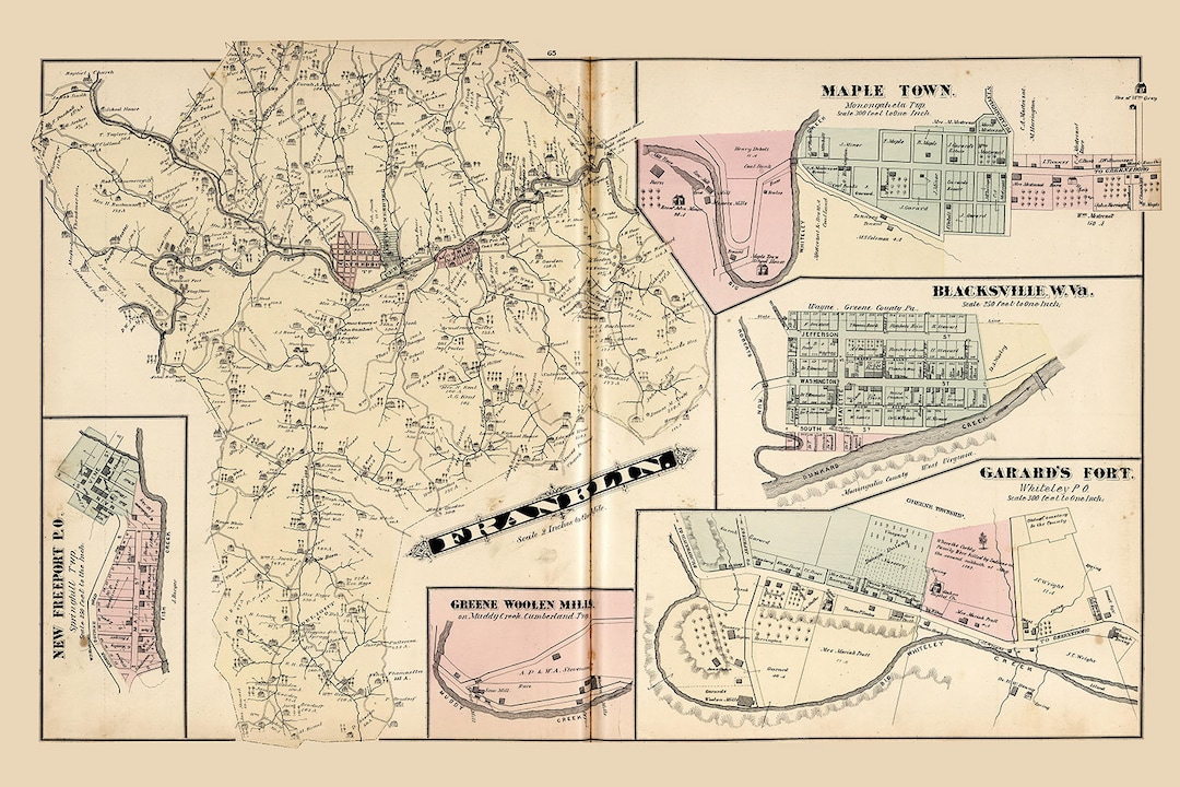 1876 Map of Franklin Township Greene County Pennsylvania Garards Fort ...
