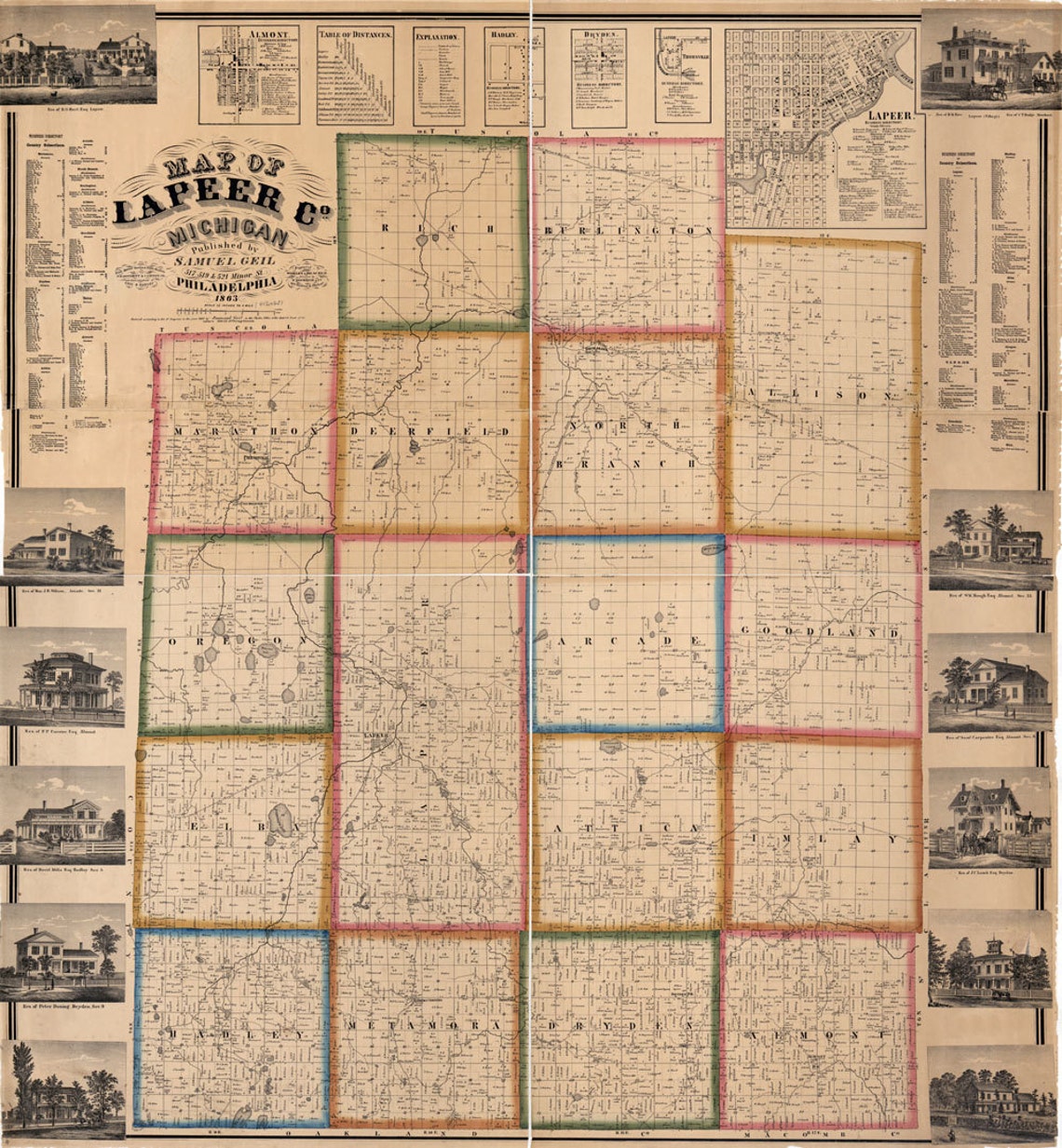1863 Farm Line Map of Lapeer County Michigan - Etsy