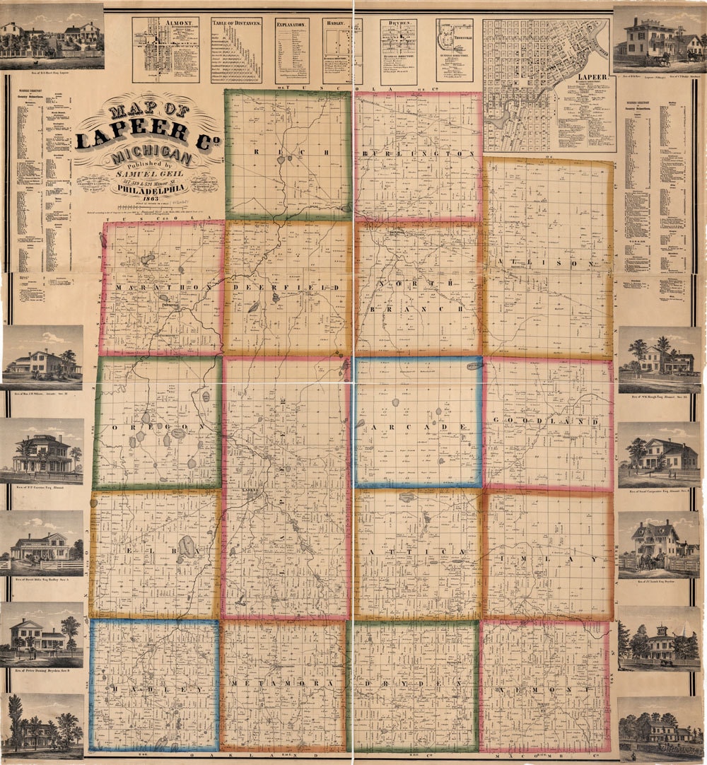 1863 Farm Line Map of Lapeer County Michigan - Etsy