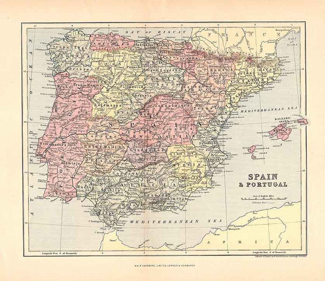 1888 Map of Spain and Portugal - Etsy