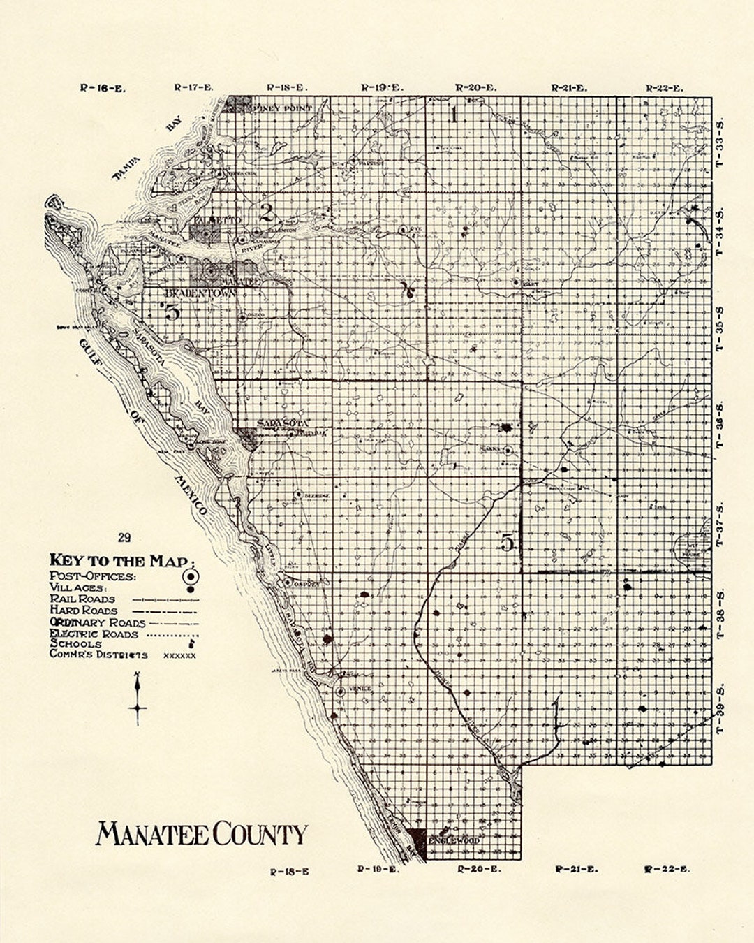 1914 Map of Manatee County Florida - Etsy