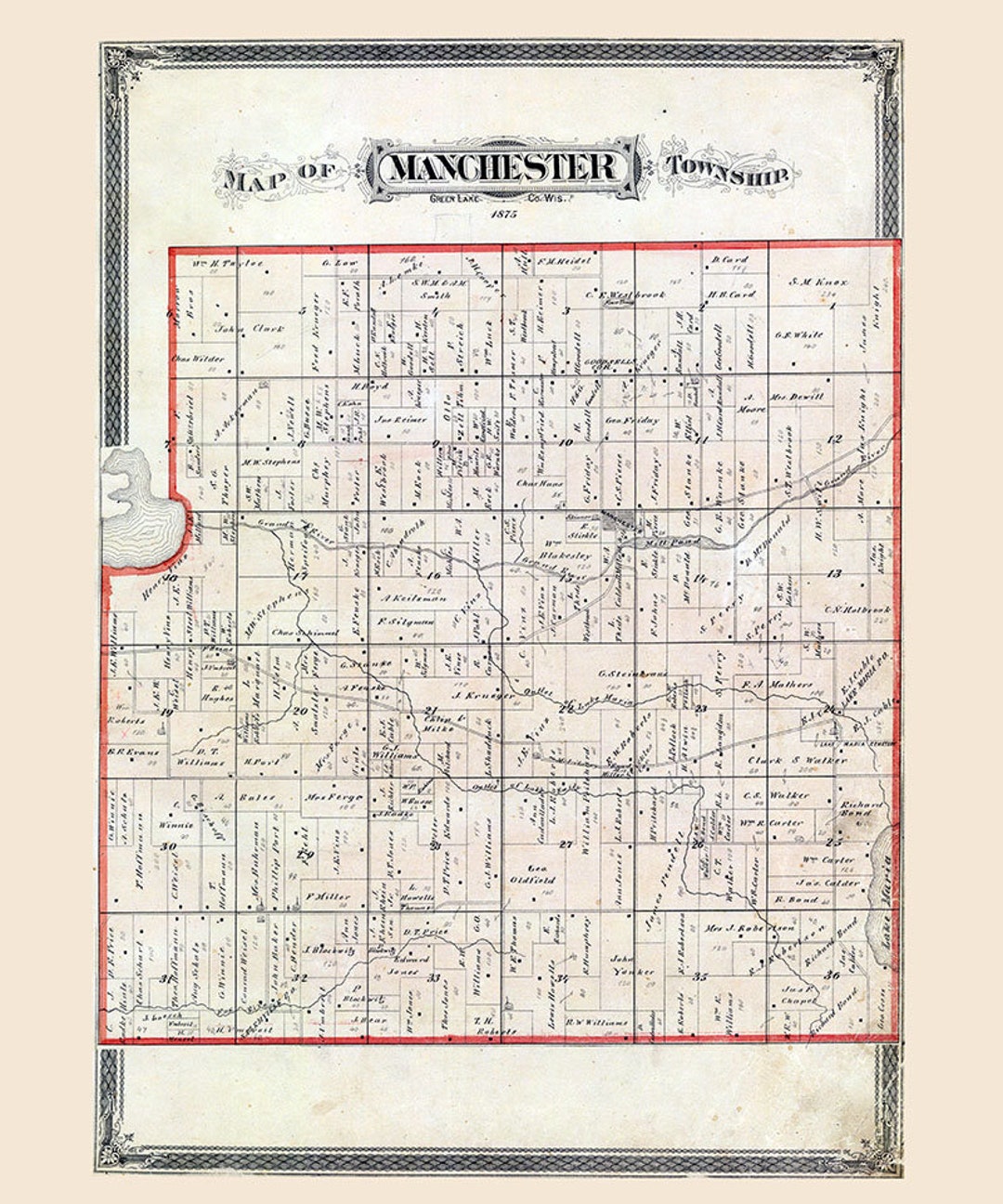 1875 Map of Manchester Township Green Lake County Wisconsin - Etsy