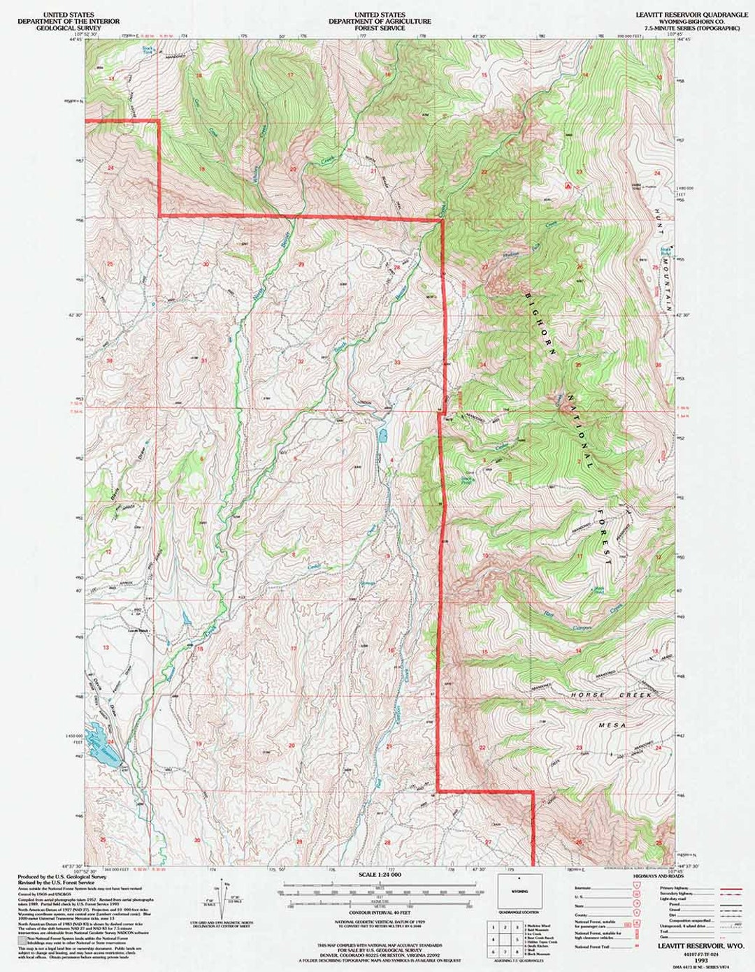 1993 Topo Map of Leavitt Reservoir Wyoming WY Bighorn Forest - Etsy