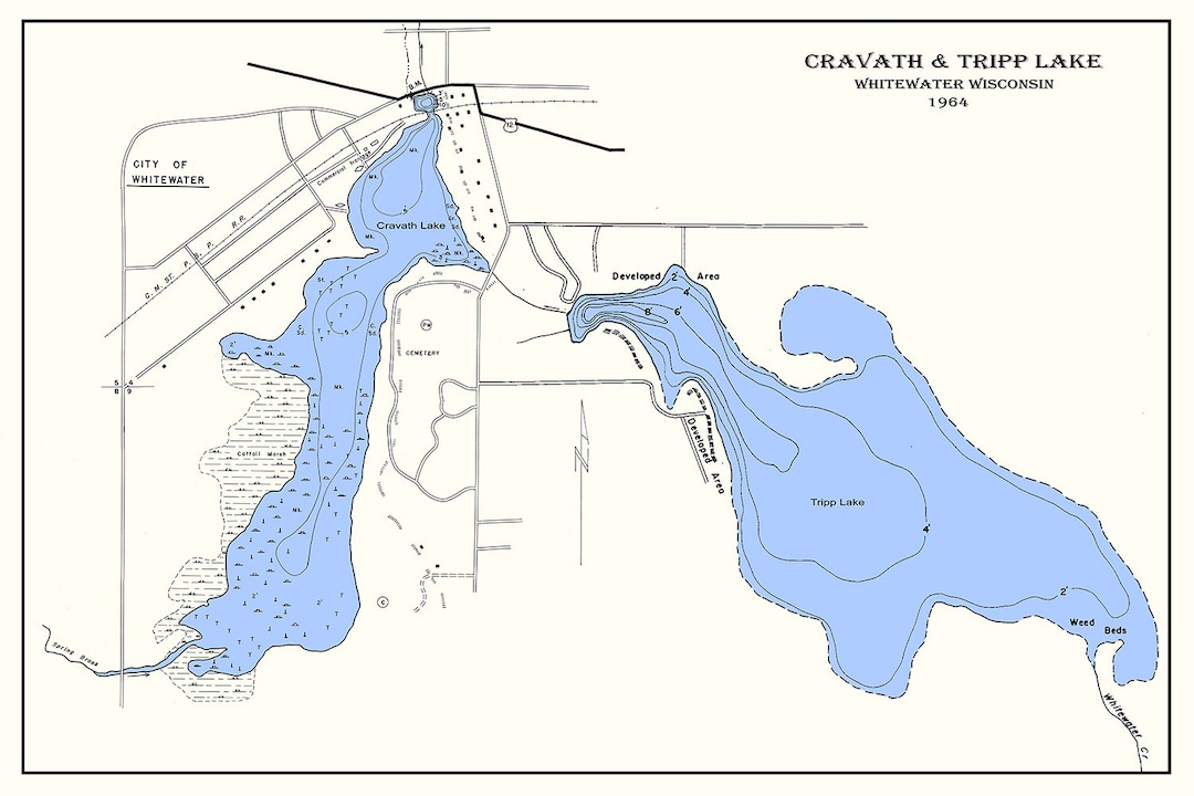 1966 Map of Cravath Lake and Tripp Lake Walworth County Wisconsin ...