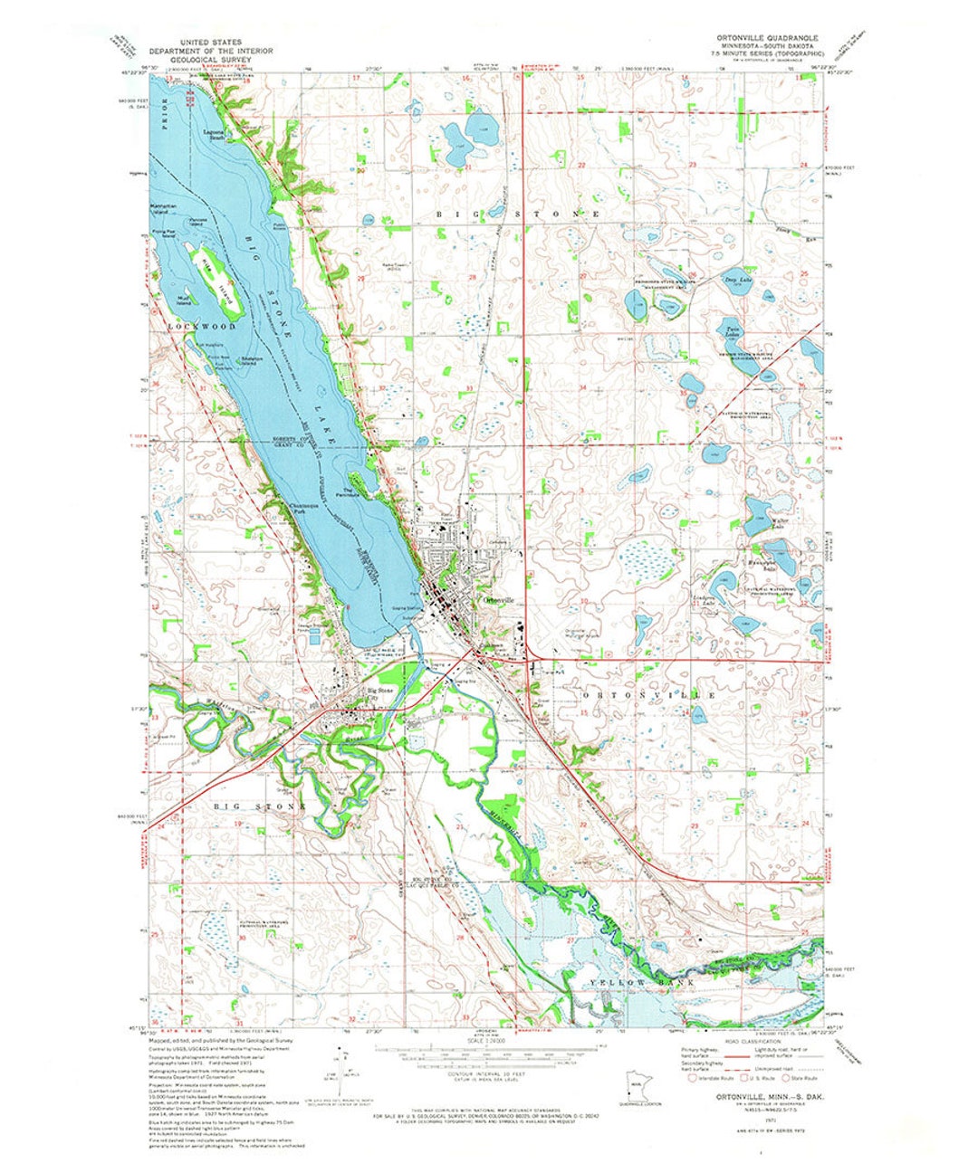 1971 Map of Big Stone Lake and Ortonville Minnesota Quadrangle - Etsy