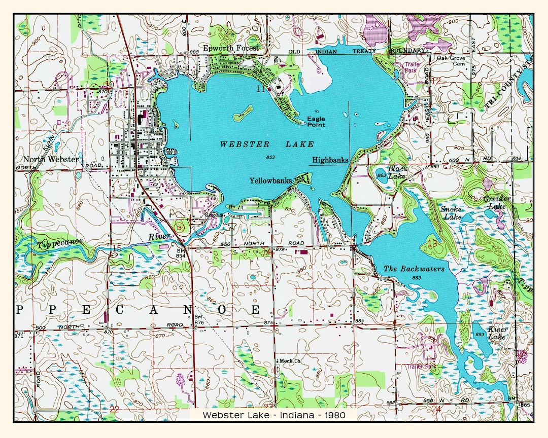 1980 Map of Webster Lake Indiana - Etsy