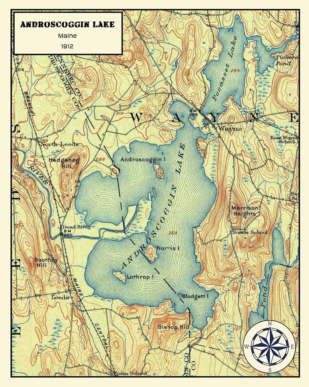 1912 Map of Androscoggin Lake Maine - Etsy