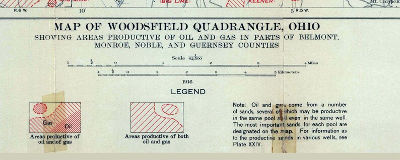 1914 Oil & Gas Field Map of Woodsfield Quadrangle Belmont Monroe Noble ...
