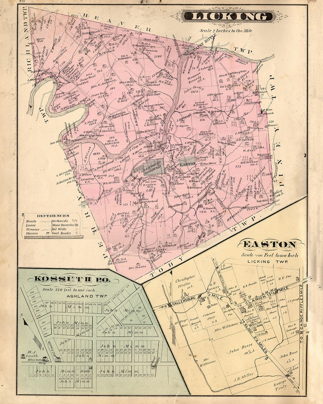 1877 Map of Licking Township Clarion County PA Kossuth Easton - Etsy