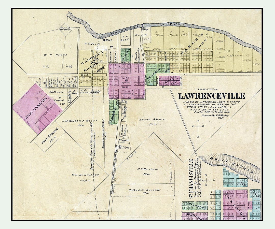 1875 Map Of Lawrenceville Lawrence County Illinois Etsy