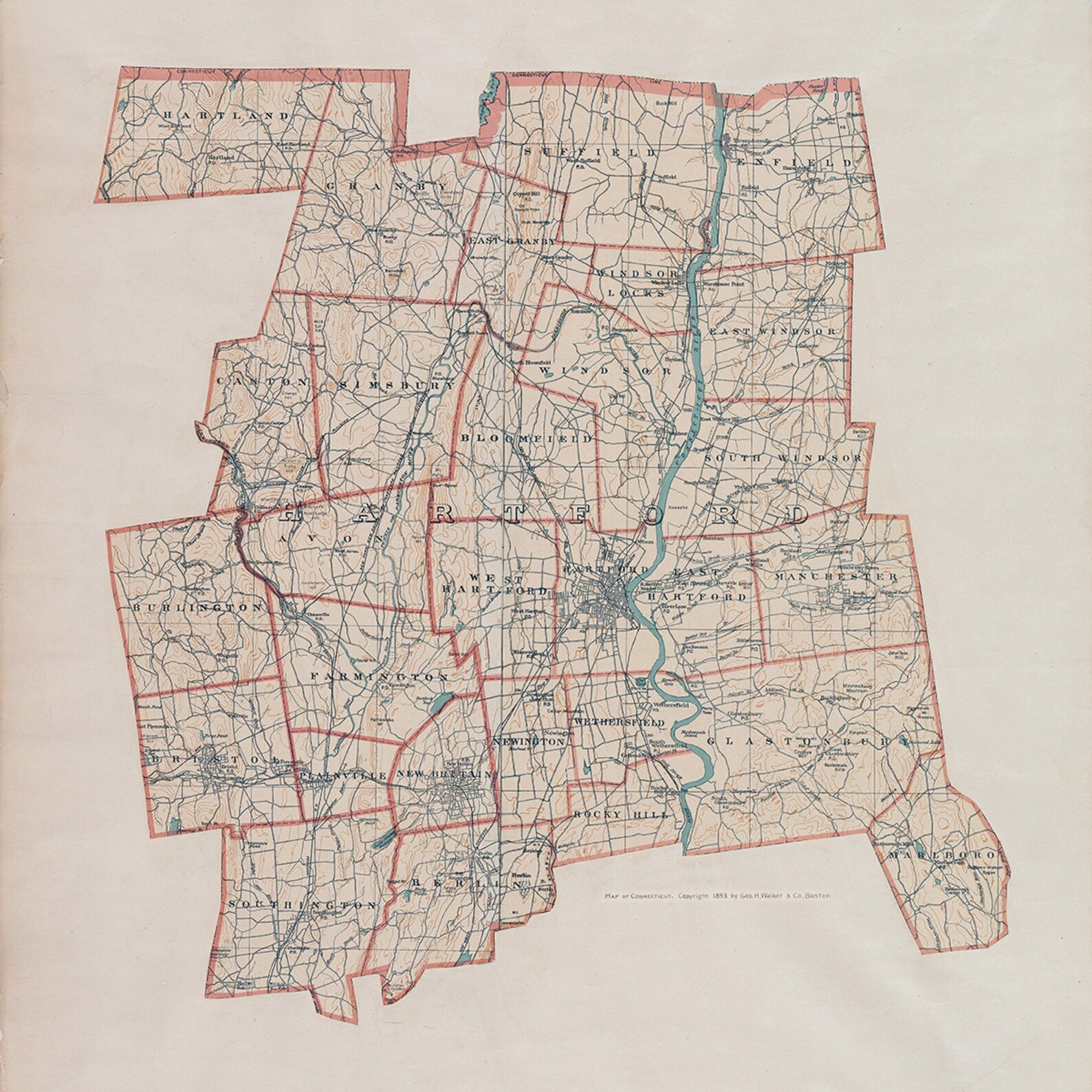 1893 Map of Hartford County Connecticut - Etsy