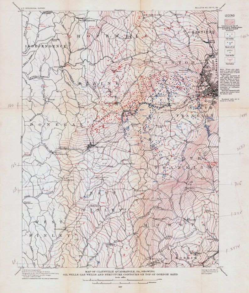 1907 Oil & Gas Well Map Claysville Quadrangle Washington | Etsy