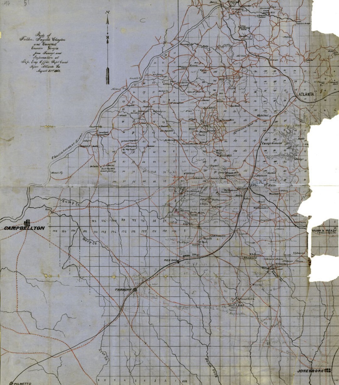 1864 Map of Part of Fulton Fayette Clayton and Campbell County Georgia ...