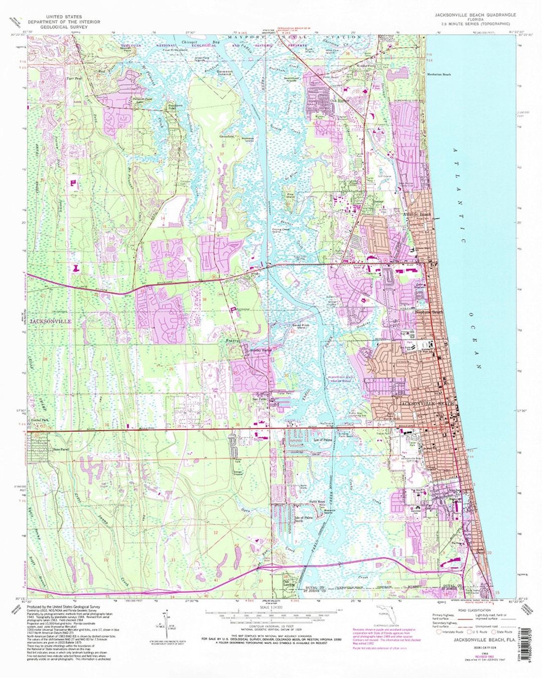 1992 Topo Map of Jacksonville Beach Florida - Etsy